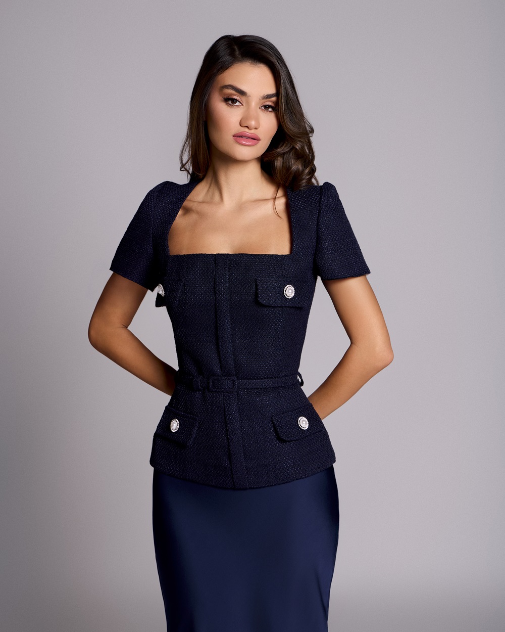 Navy tweed top with decorative buttons and belted waist - CLO ...